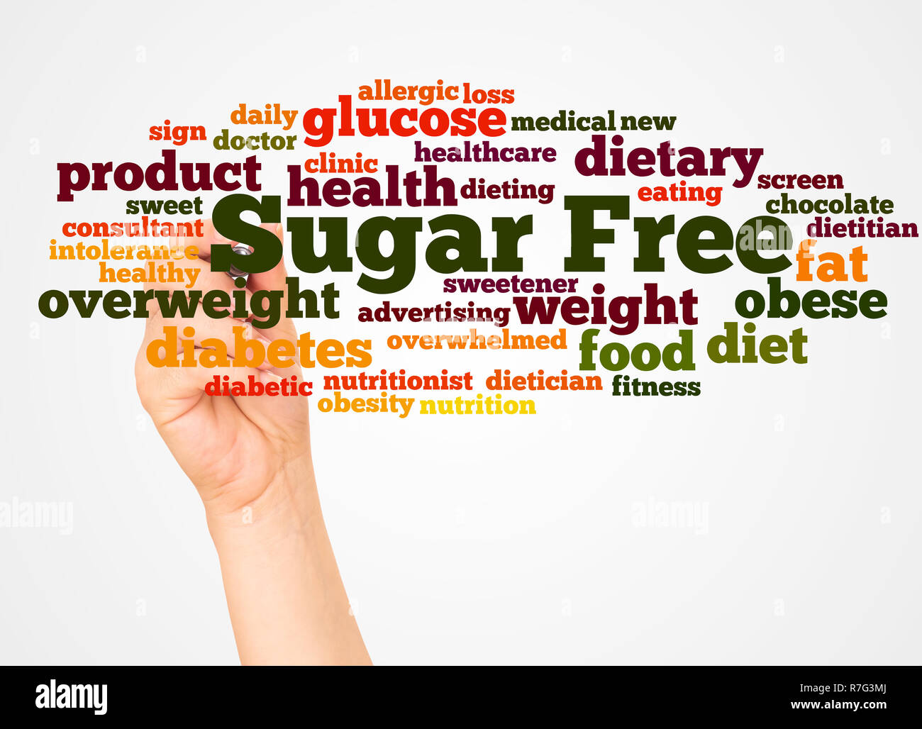 Sugar Free word cloud and hand with marker concept on white background ...