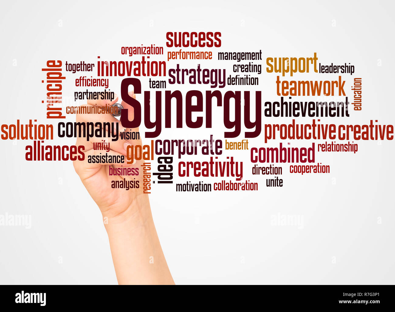 Synergy word cloud and hand with marker concept on white background ...