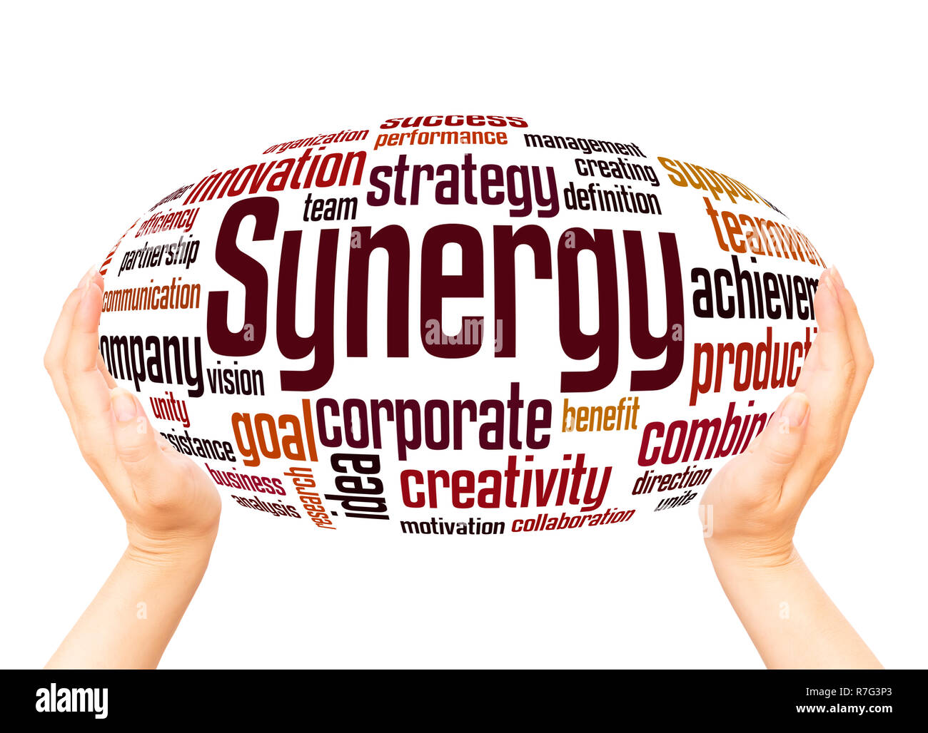 Synergy word cloud hand sphere concept on white background Stock Photo ...