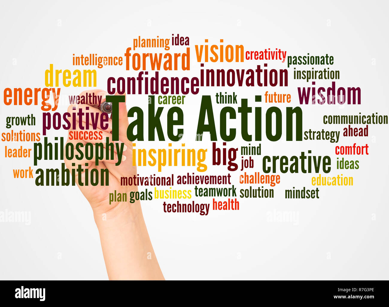 Take Action word cloud and hand with marker concept on white background ...