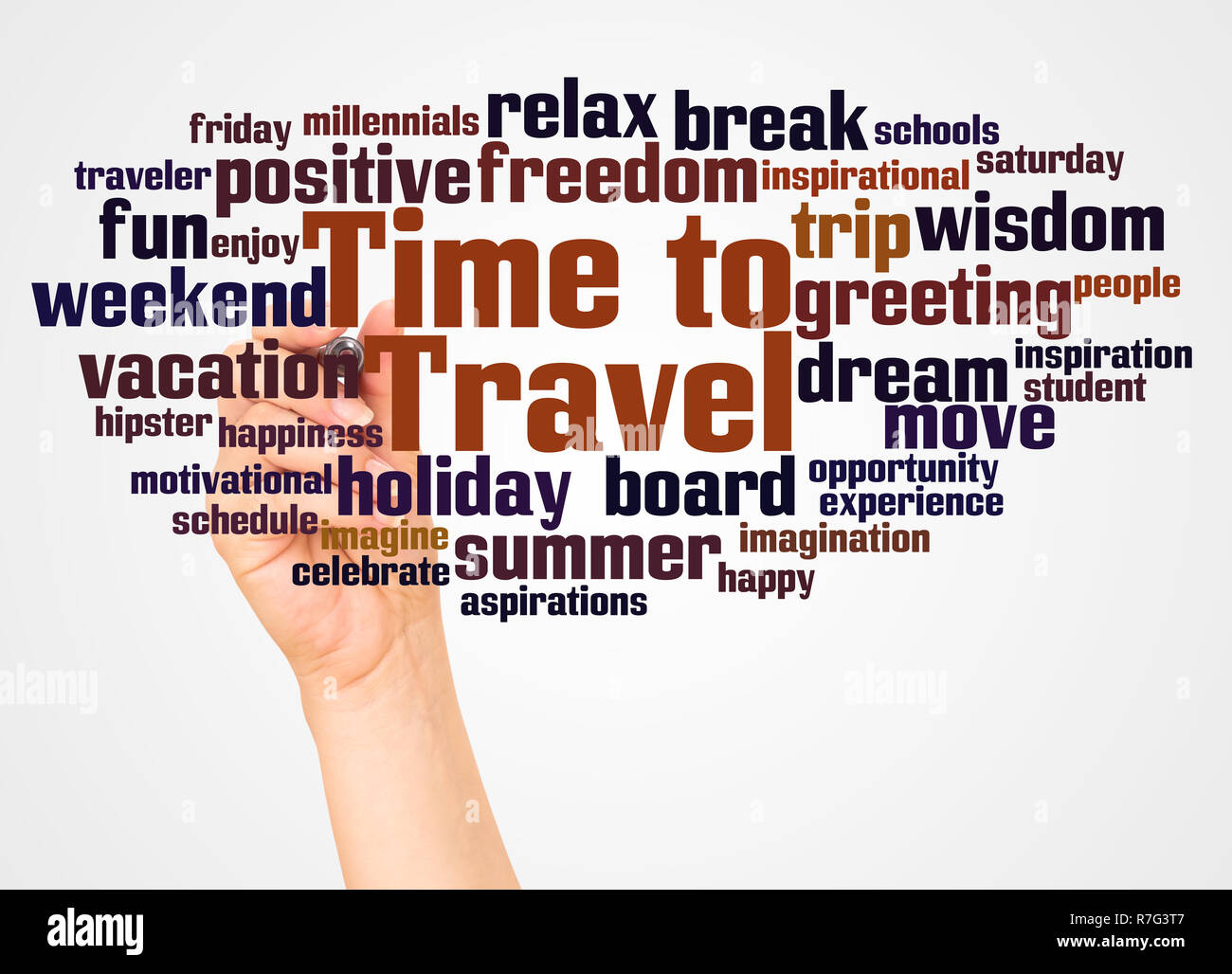 Time to Travel word cloud and hand with marker concept on white ...
