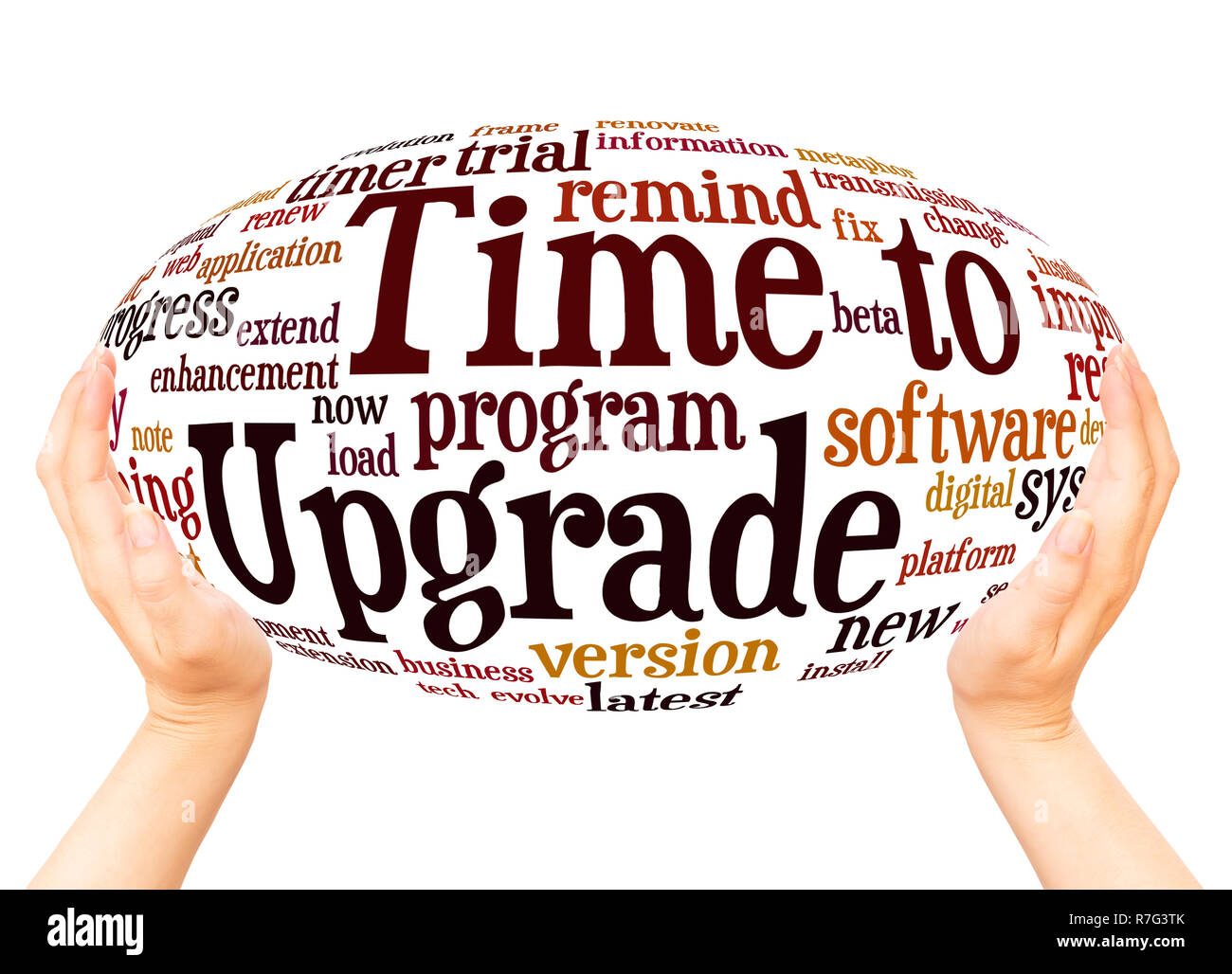Time to Upgrade word cloud hand sphere concept on white background ...