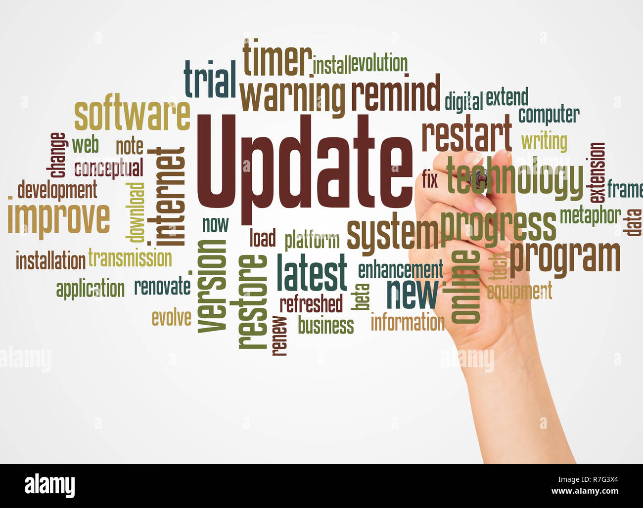 Update word cloud and hand with marker concept on white background ...