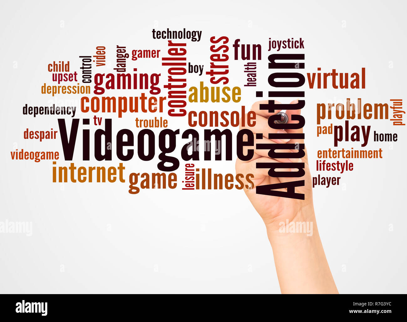 Videogame addiction word cloud and hand with marker concept on white ...