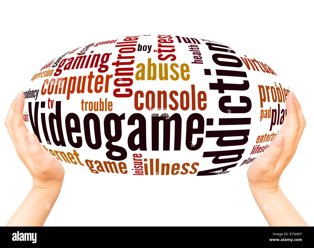 Videogame addiction word cloud hand sphere concept on white background ...