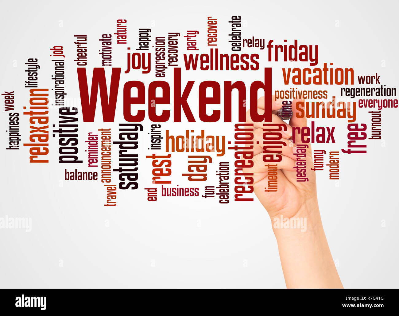 Weekend word cloud and hand with marker concept on white background ...