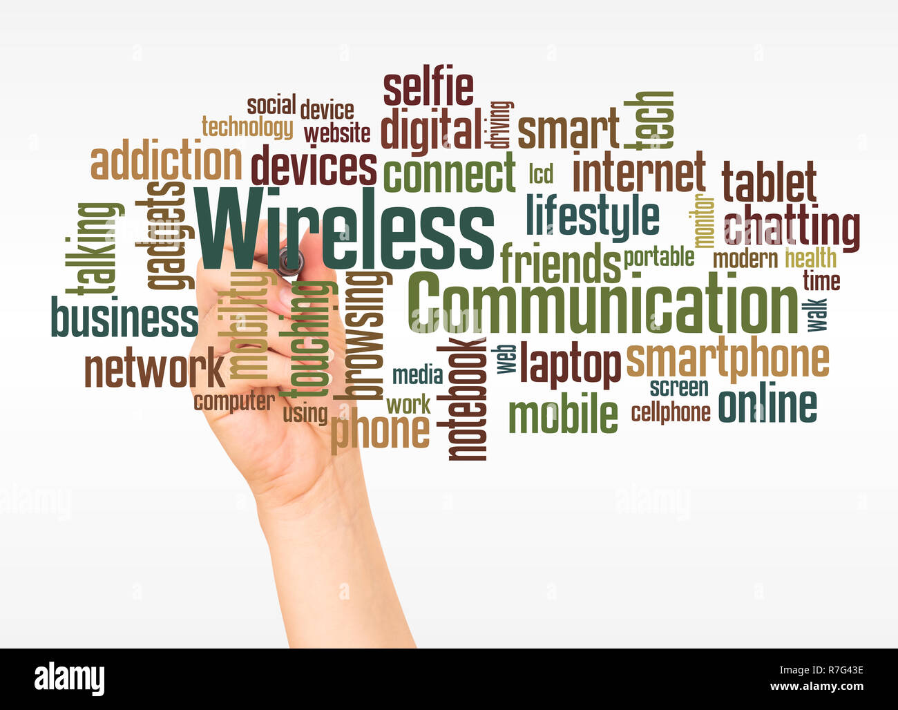 Wireless Communication word cloud and hand with marker concept on white ...