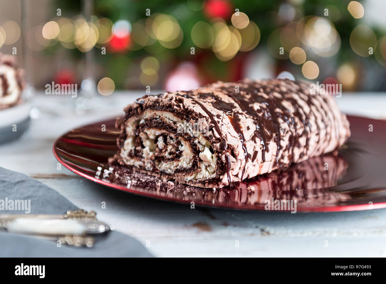 Belgian Chocolate Meringue Roulade filled with whipped cream and Stock ...