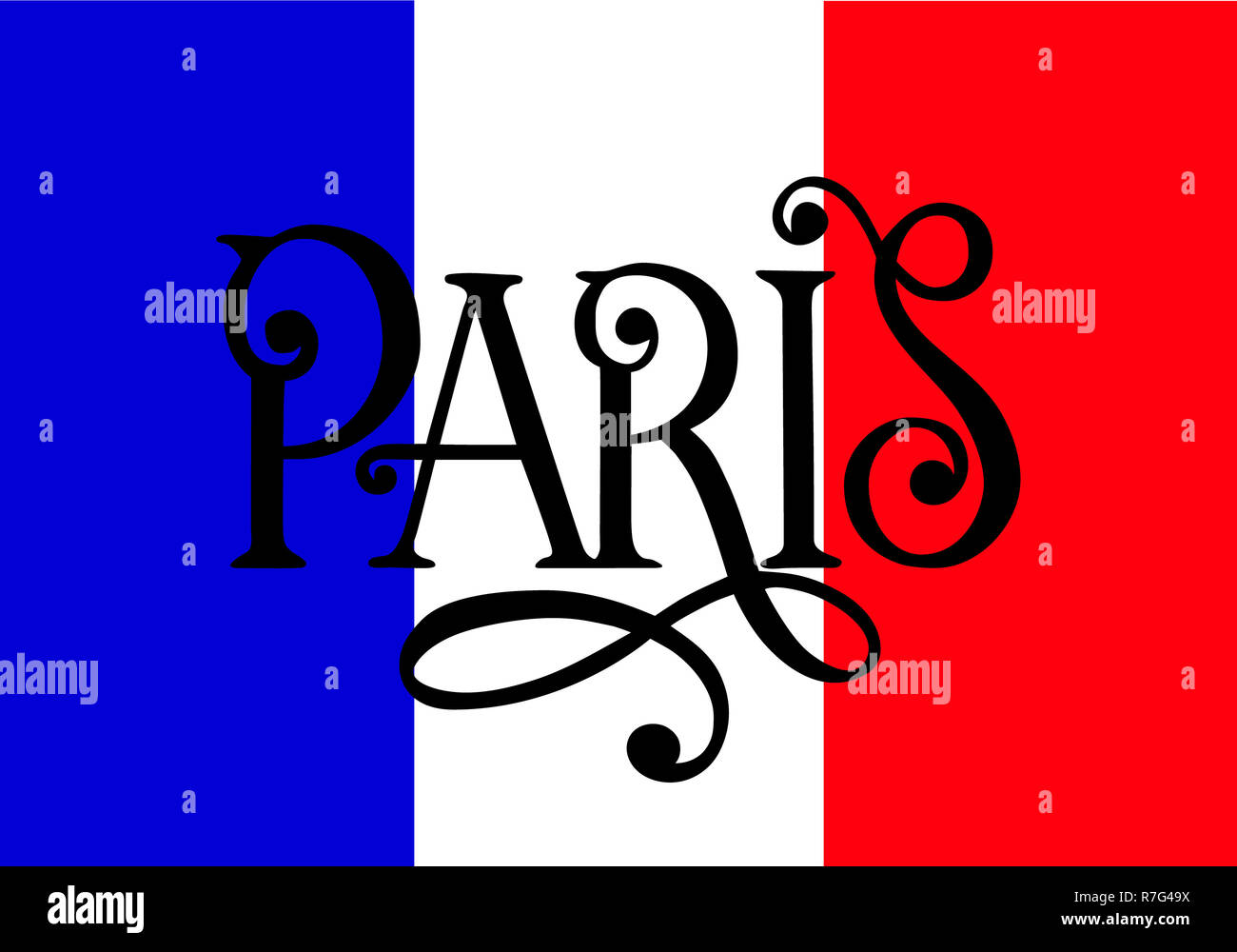 Handwritten inscription Paris on colors of the national flag of France ...