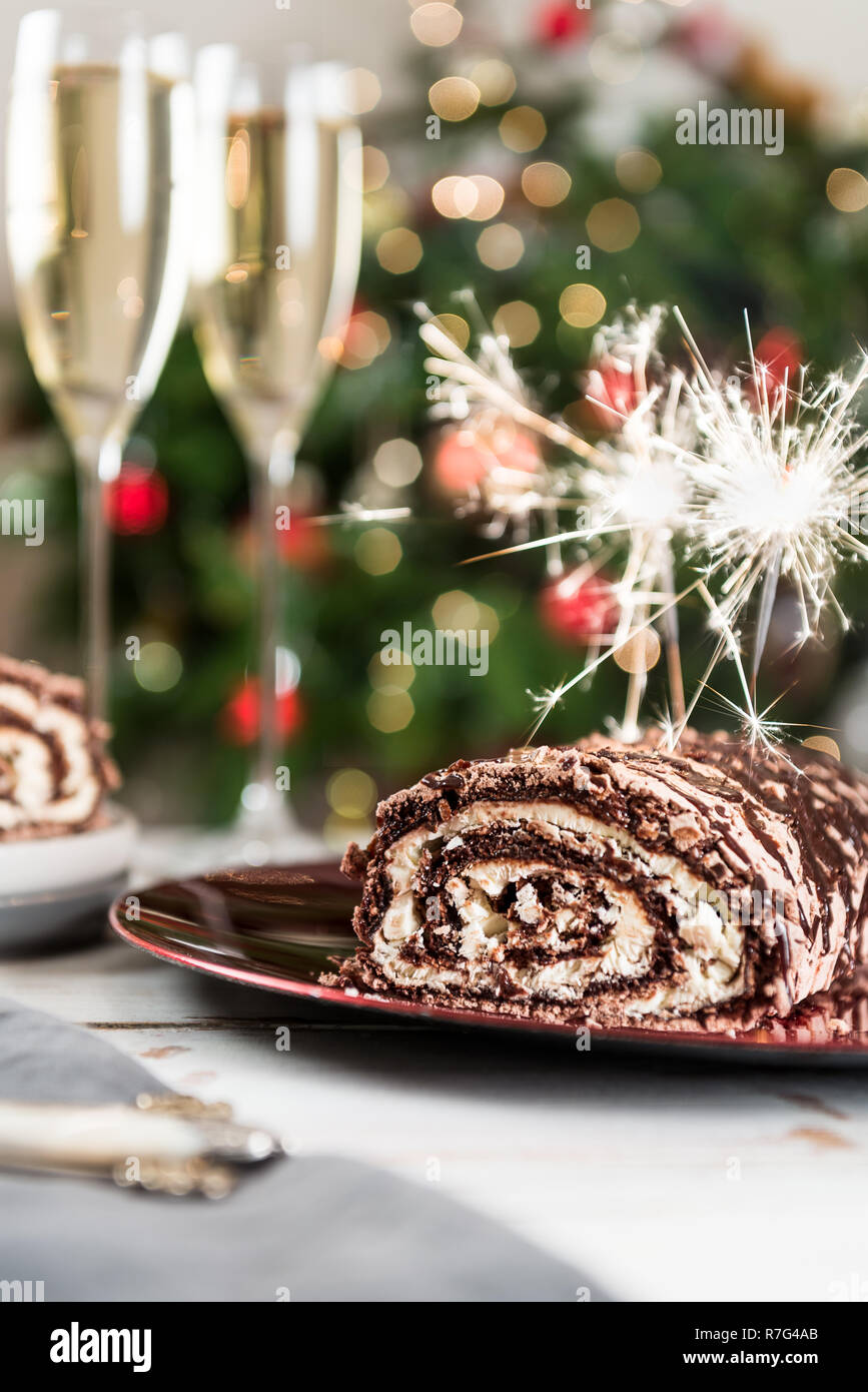 Belgian Chocolate Meringue Roulade filled with whipped cream and Stock ...