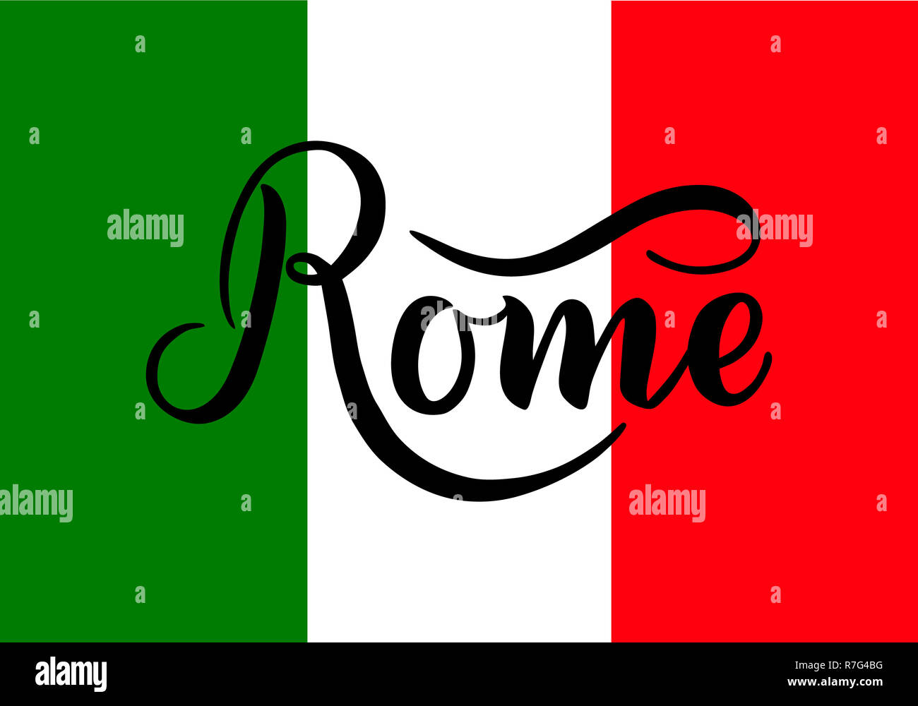 Handwritten inscription Rome and colors of the national flag of Italy on background. Hand drawn ...