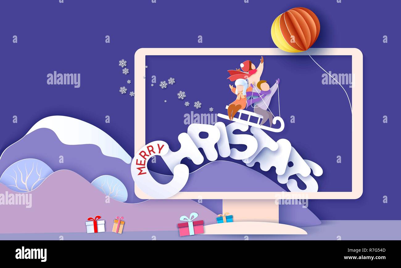 Merry Christmas design card with children sledding on big snow hills and blue sky background ...