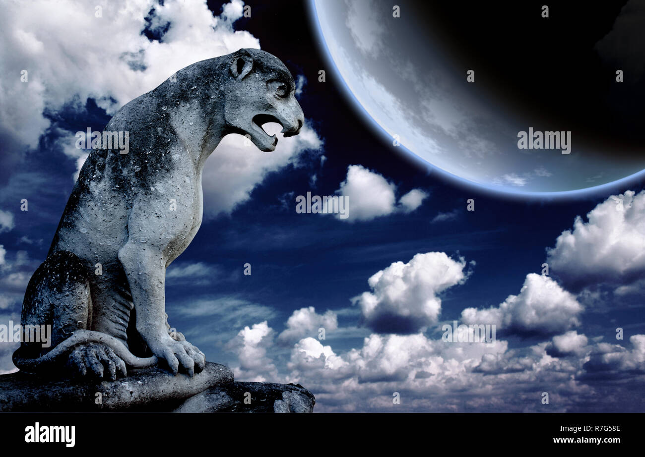 Ancient lion statue and bright moon in the night sky. Elements of this ...