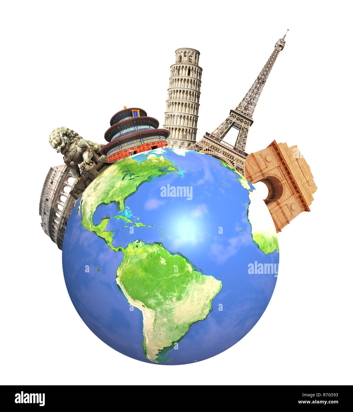 Famous monuments of the world grouped together on Earth. Isolated on ...