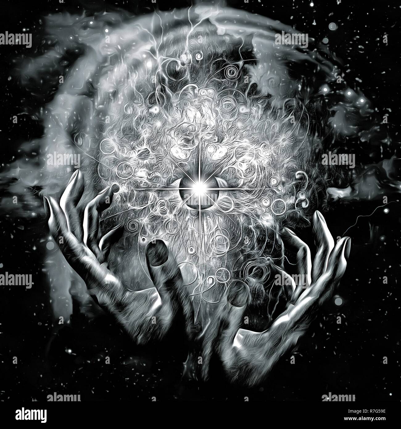Surreal painting. Eye of God in the universe. Hands of creator Stock ...