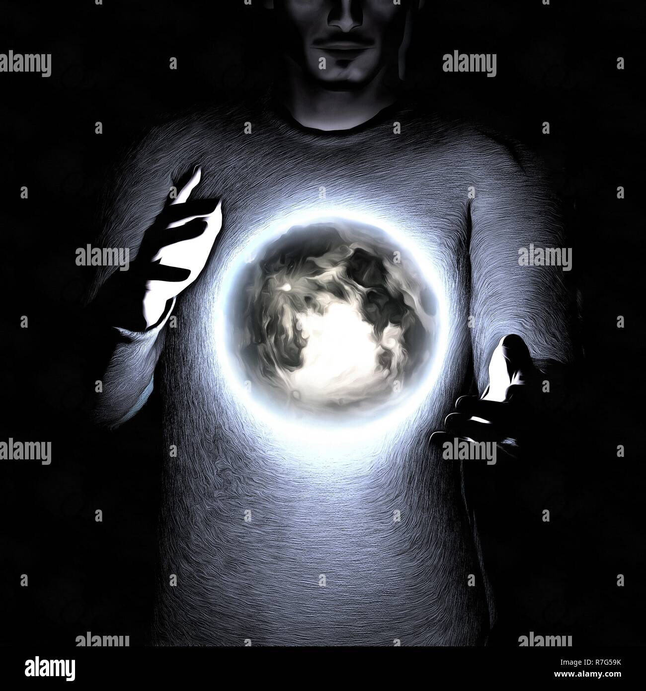 Surreal painting. Man holds planet Earth between hands Stock Photo - Alamy