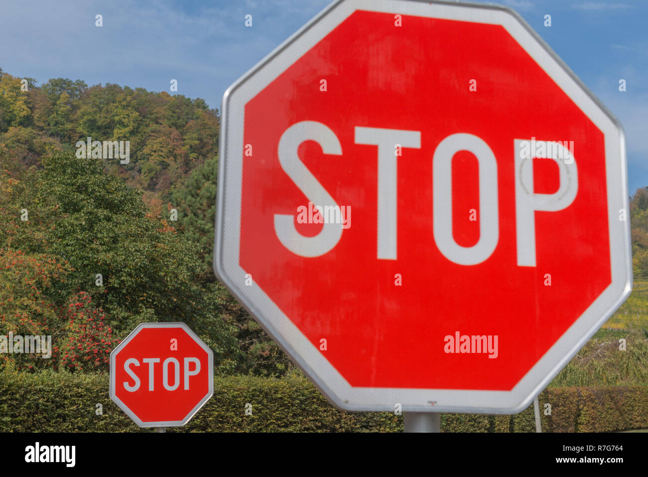 Two stop signs, road sign, Grevenmacher, Grand Duchy of Luxembourg ...