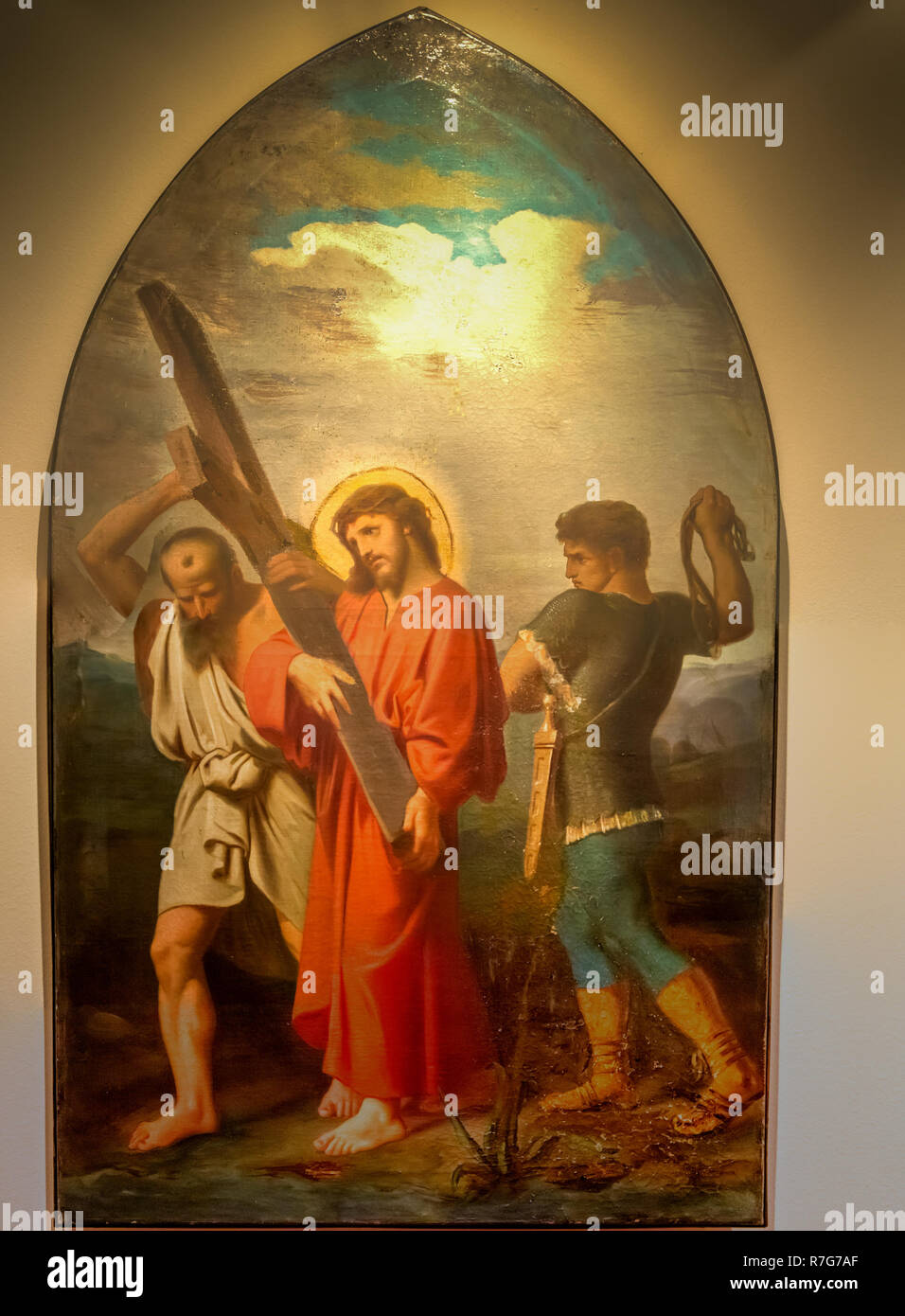 Medjugorje, Bosnia and Herzegovina - November 3, 2018: painting of Via Crucis: FIFTH STATION ...