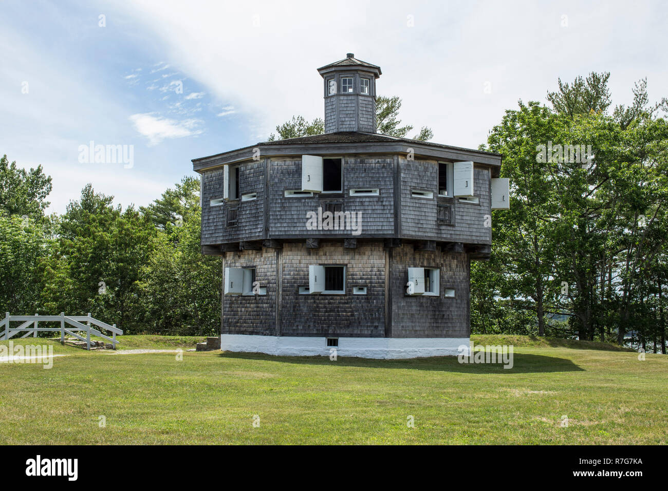Built in 1808-1809. Is a two story octagnal wooden blockhouse. The top ...
