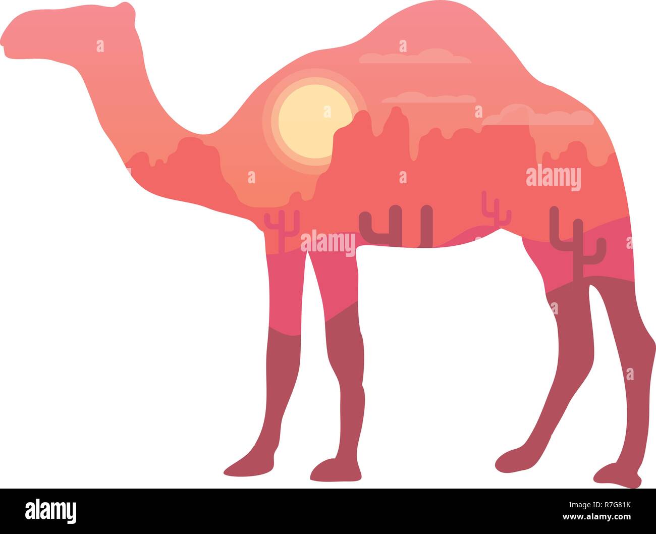 vector illustration of a camel icon. palm trees, desert background ...