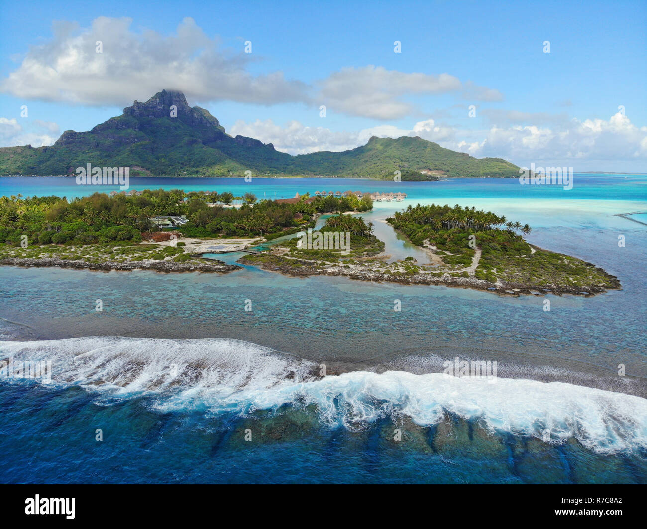 Aerial panoramic landscape view of the island of Bora Bora in French ...