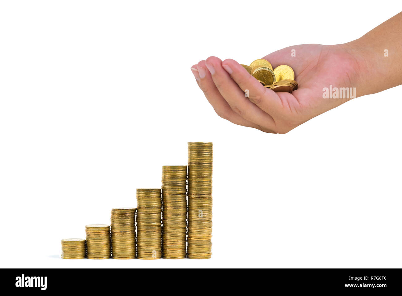 Increasing columns of coins, step of stacks coin isolated on white ...
