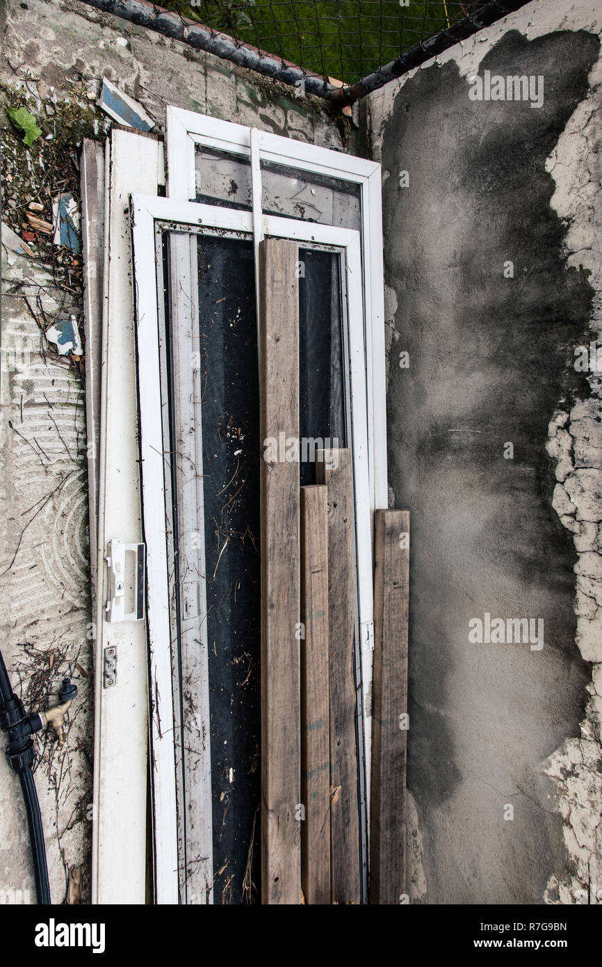 Building shrapnel piled up on the ground. Purposefully rotated, easily ...