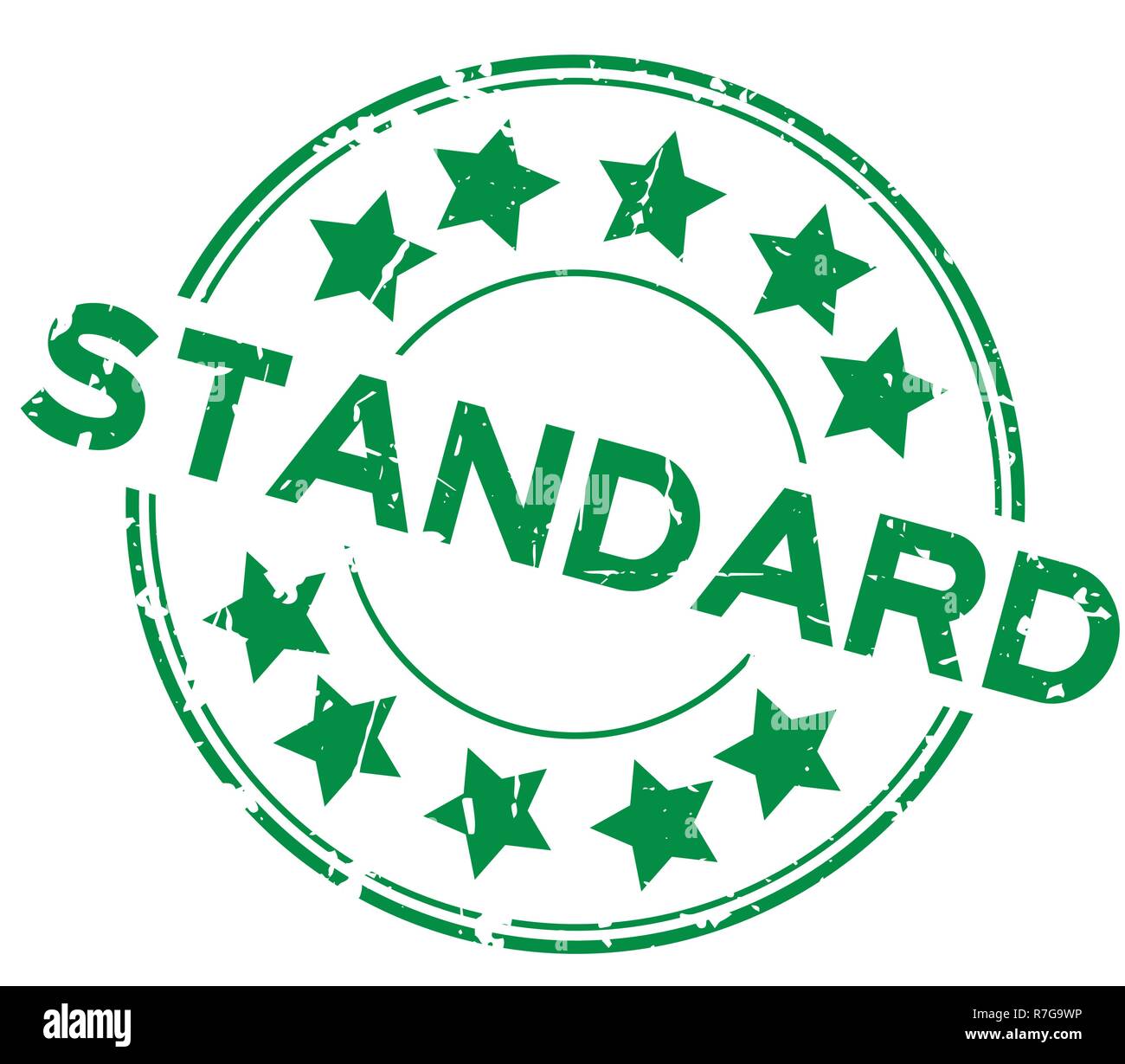 Grunge green standard wording with star icon round rubber seal stamp on white background Stock ...