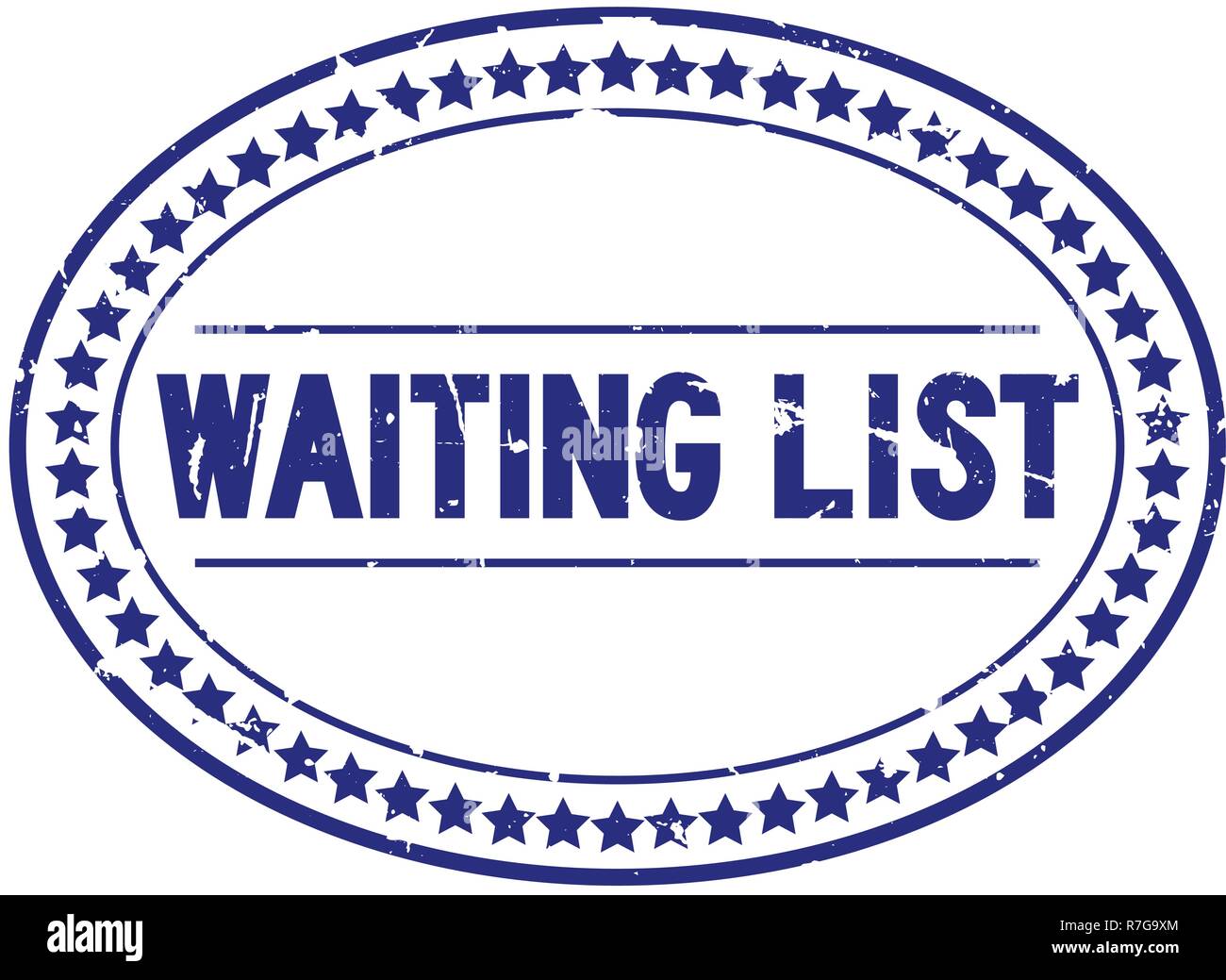 Grunge blue waiting list oval rubber seal stamp on white background ...