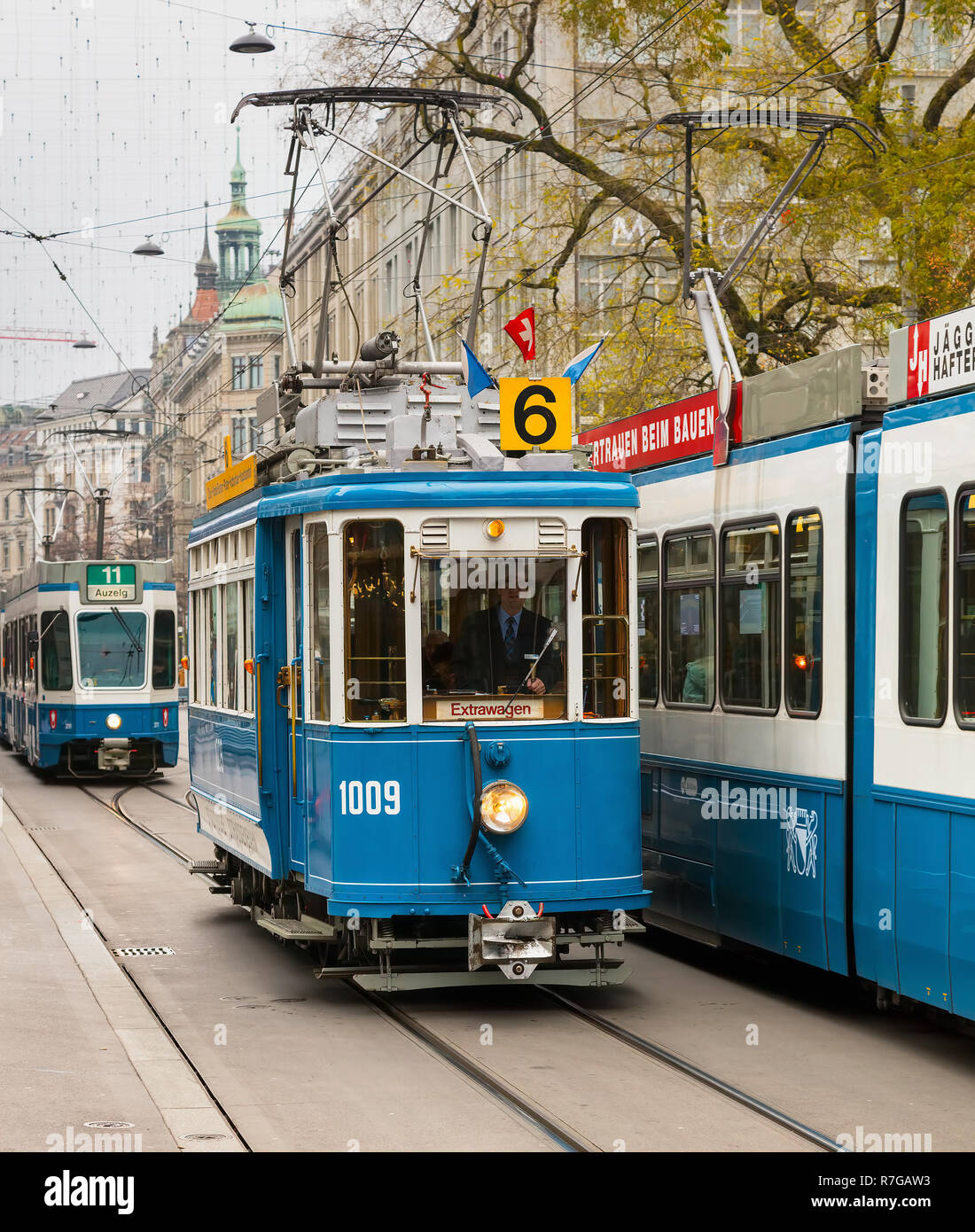 Zurich, Switzerland - December 6, 2015: trams on Bahnhofstrasse street ...