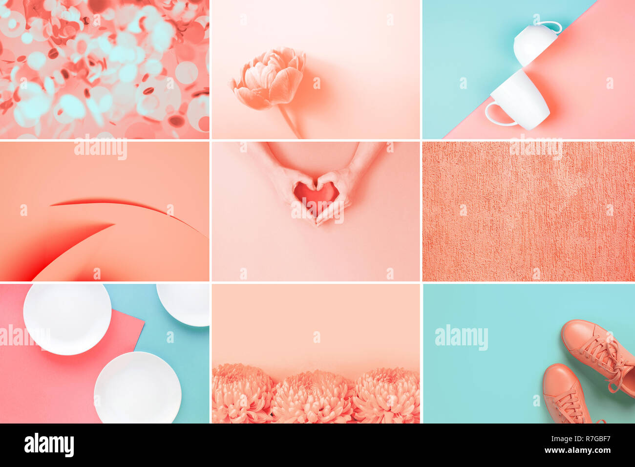 Collage made of nine photos in trendy living coral color. Trendy color ...