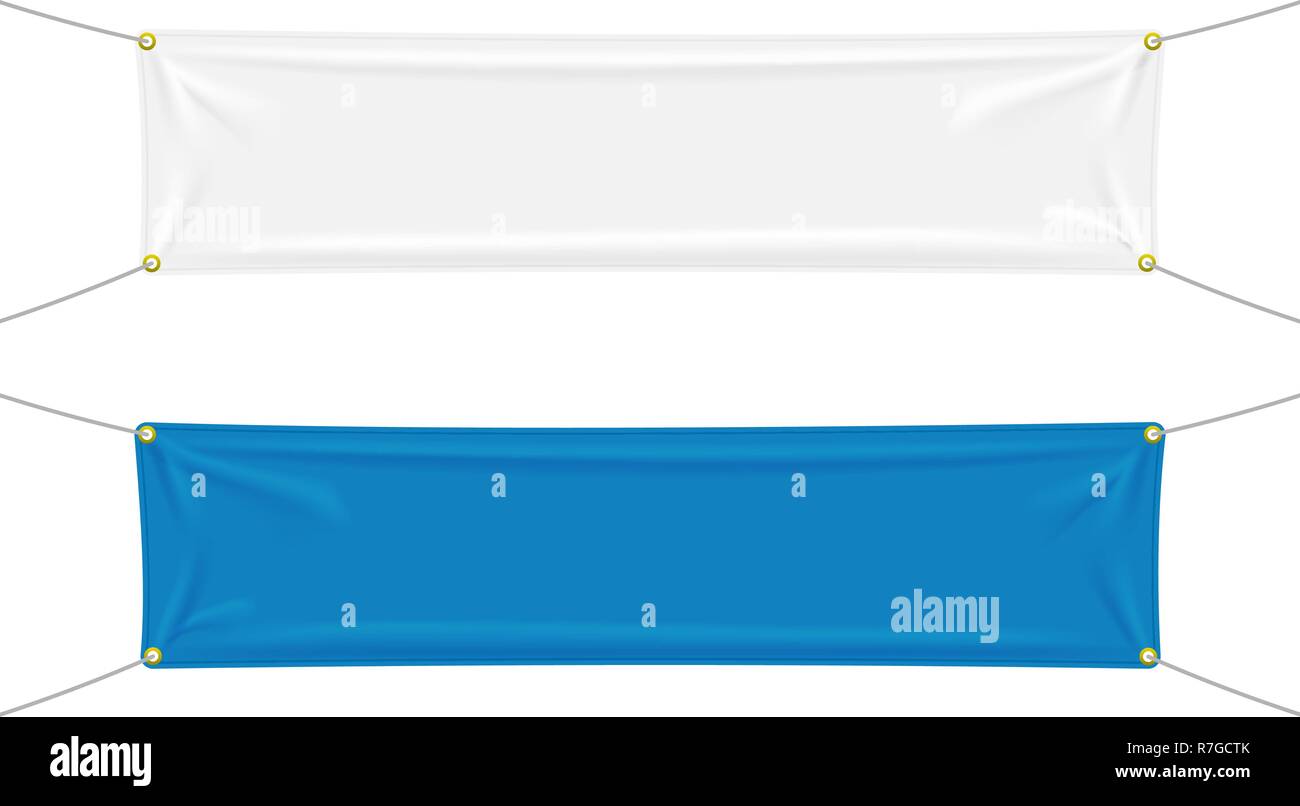 White and blue textile banners with folds, isolated on white background ...