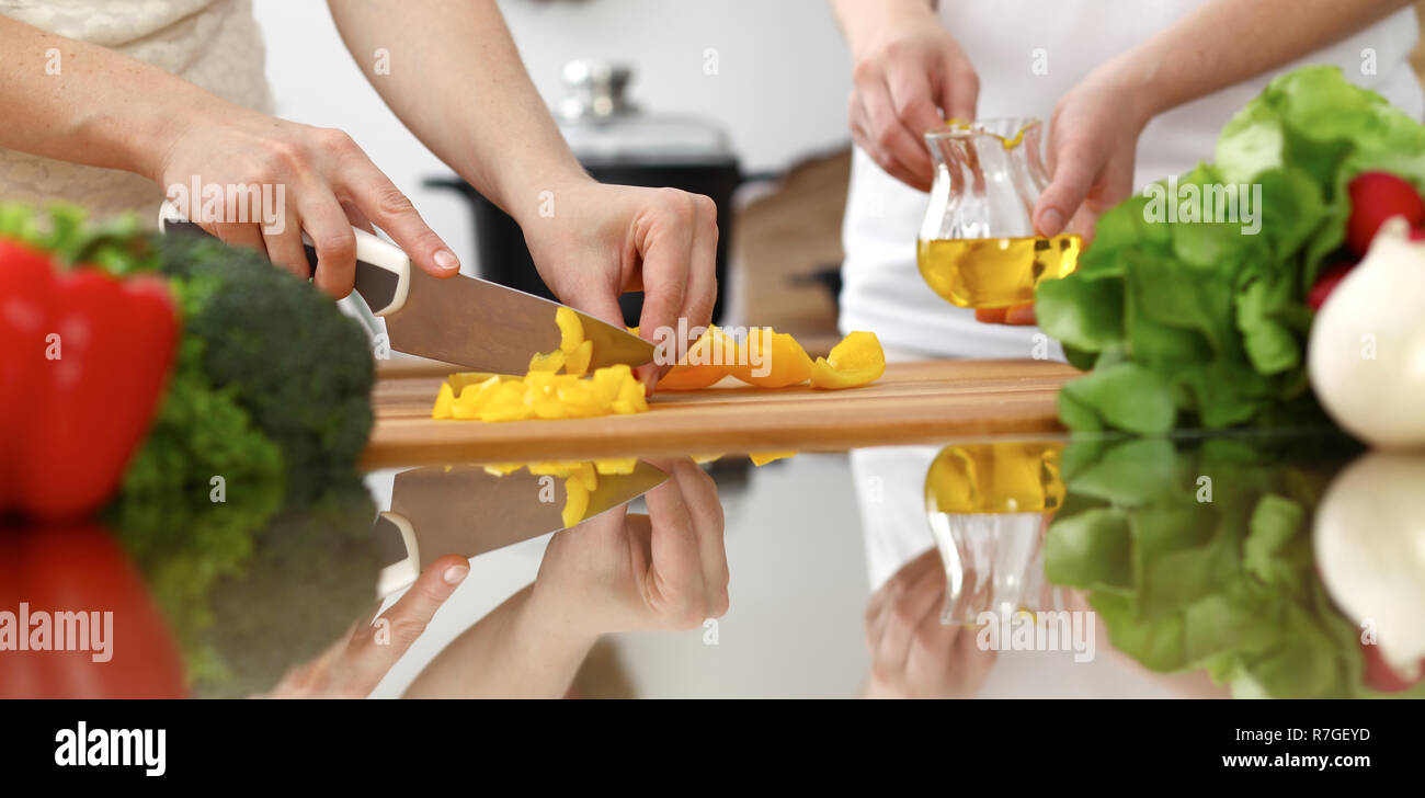 Closeup of human hands cooking in kitchen. Mother and daughter or two ...