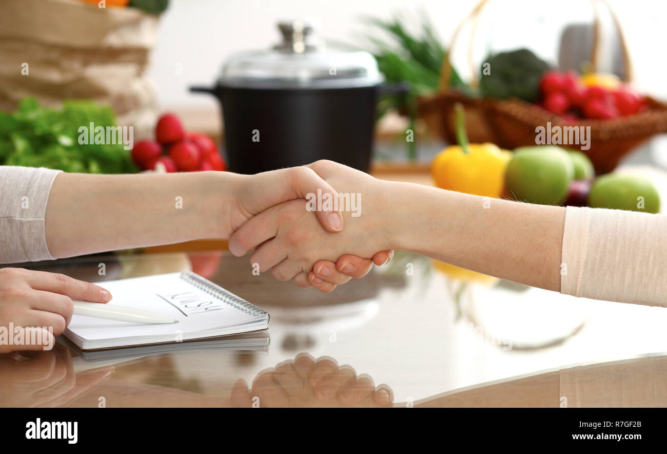 Close-up of human handshake. Two women in kitchen shaking hands to each ...