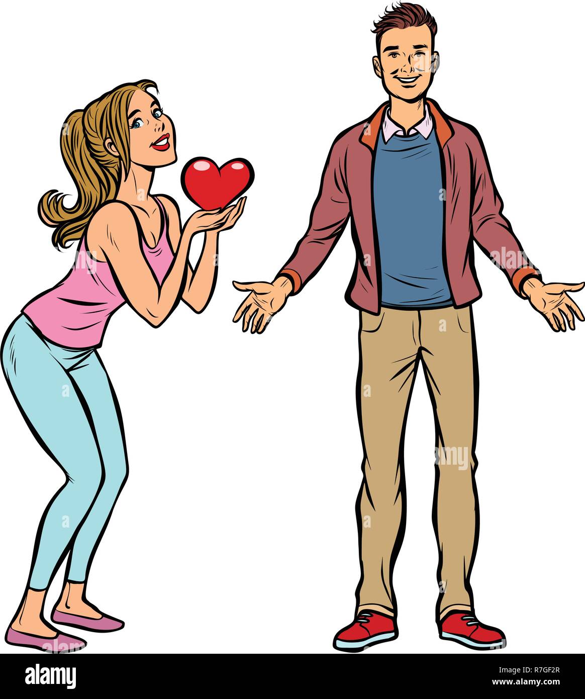 young couple love Valentine heart. Comic cartoon pop art retro vector ...
