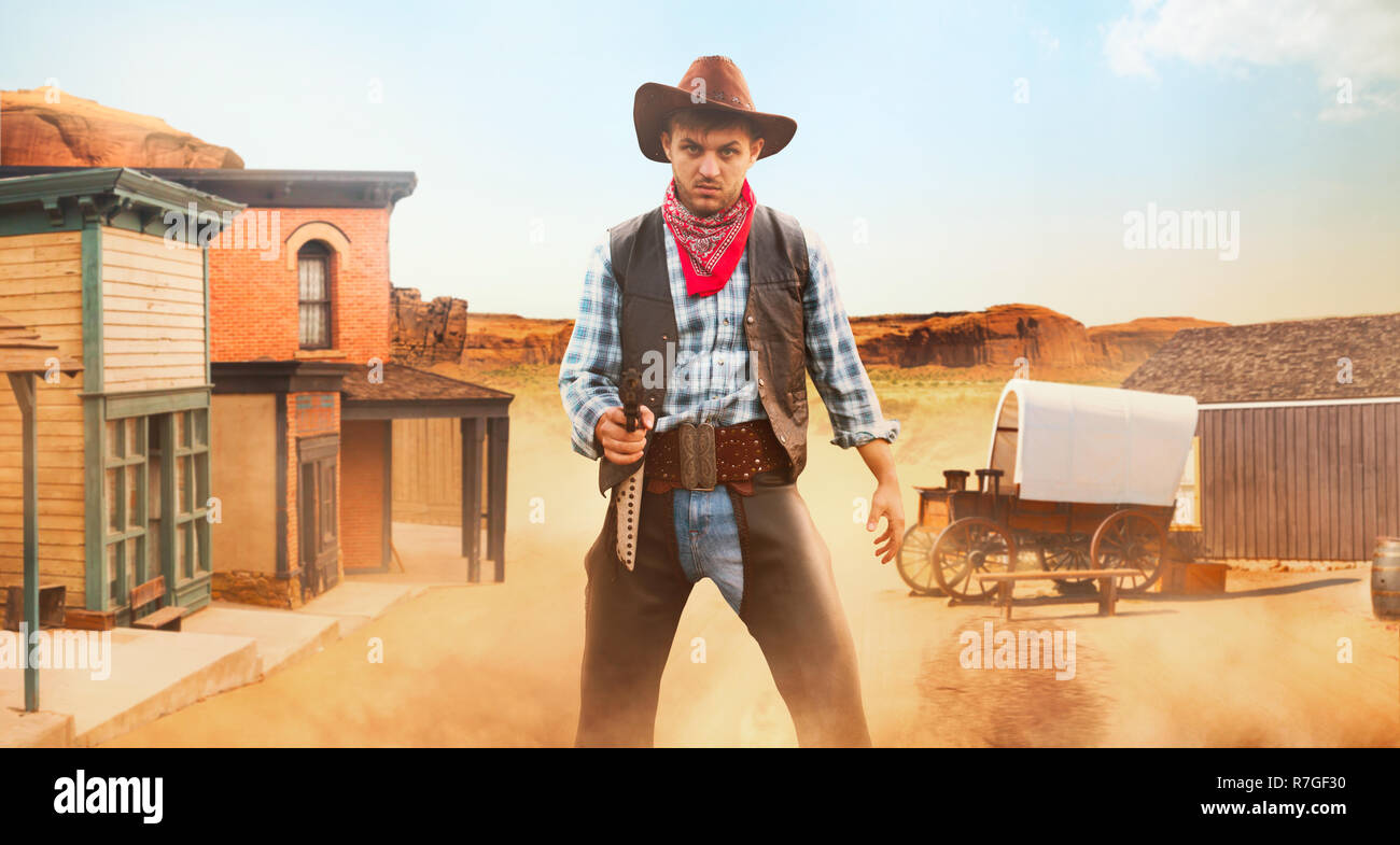 Cowboy with revolver, front view, gunfight in texas country, western ...