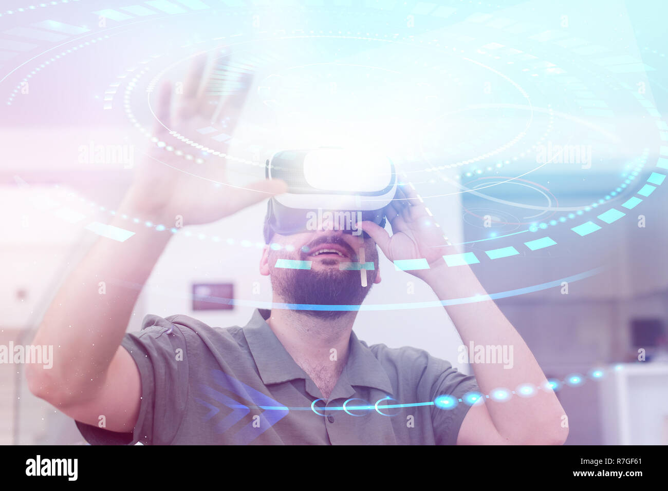 man trying virtual reality vr glasses at modern home with futuristic ...