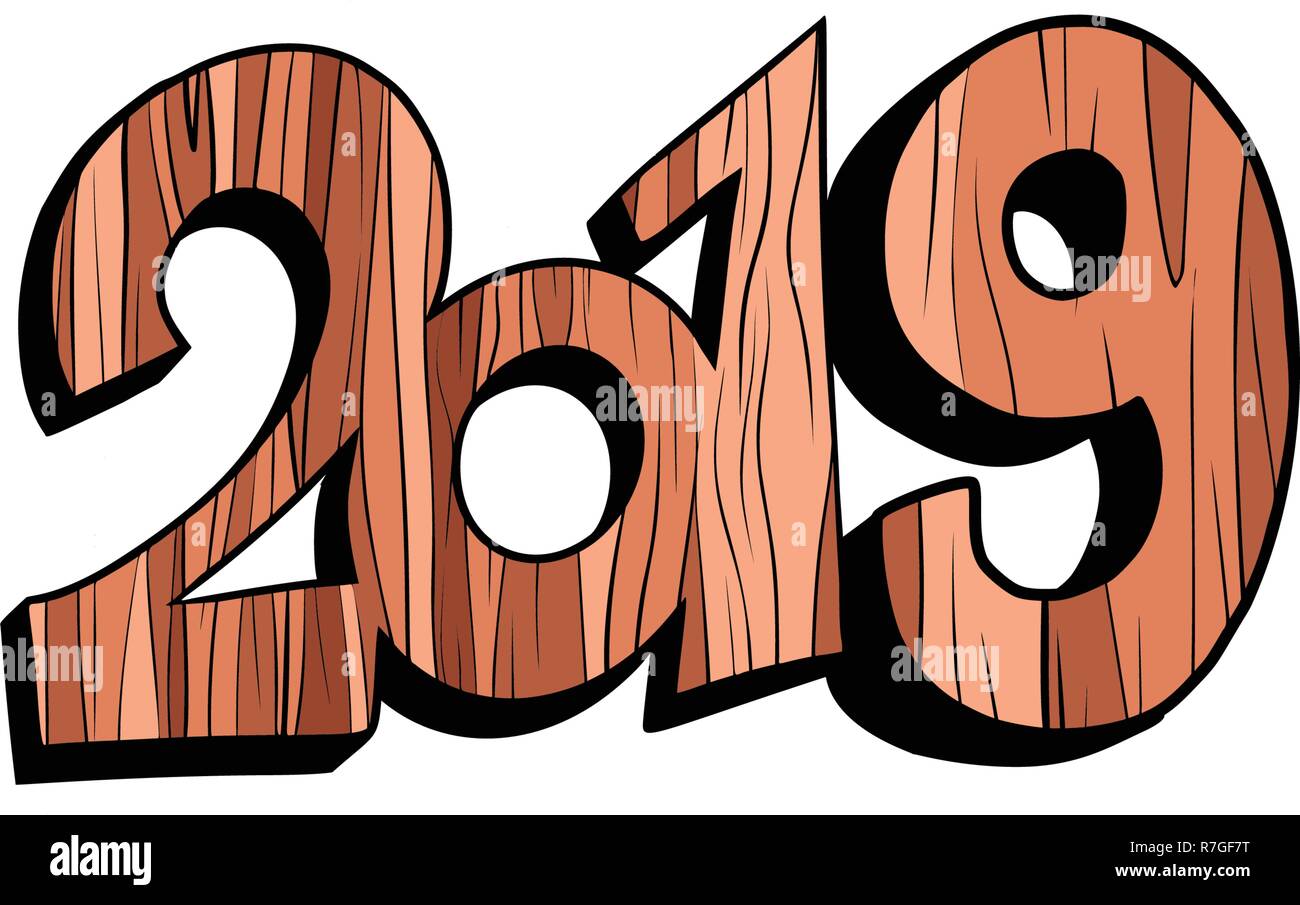 2019 happy new year wooden isolate on white background. Comic cartoon ...