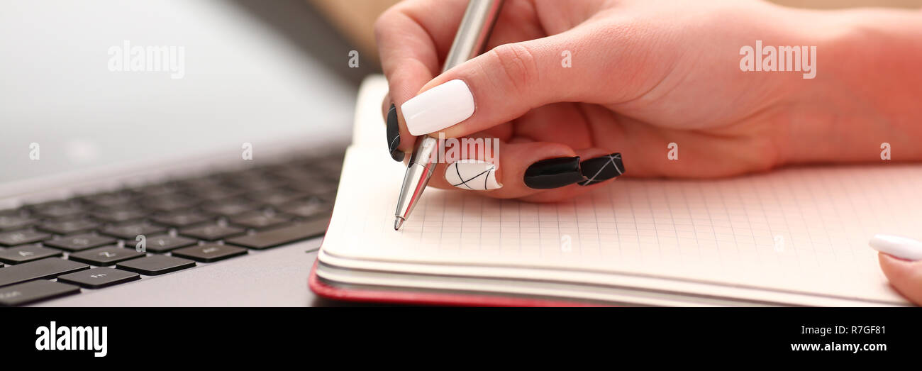 woman study hard write down information to notebook Stock Photo - Alamy