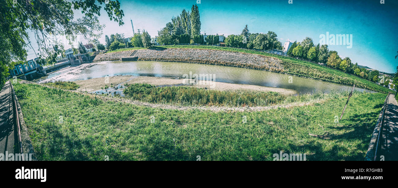 Nitra river with hydroelectric power plant, Slovak republic. Panoramic ...