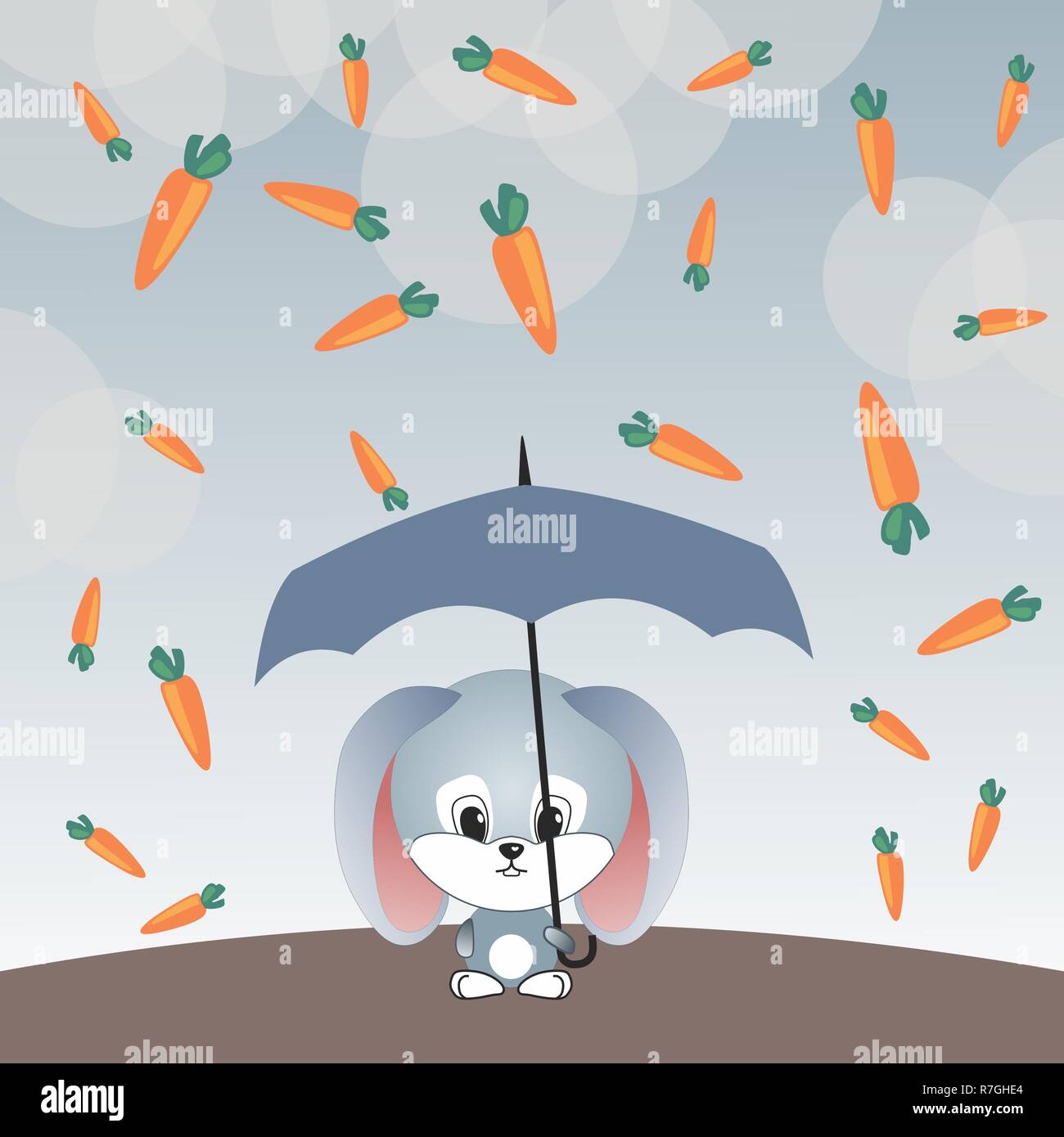 cartoon sad rabbit with umbrella hiding from carrots rain Stock Photo ...