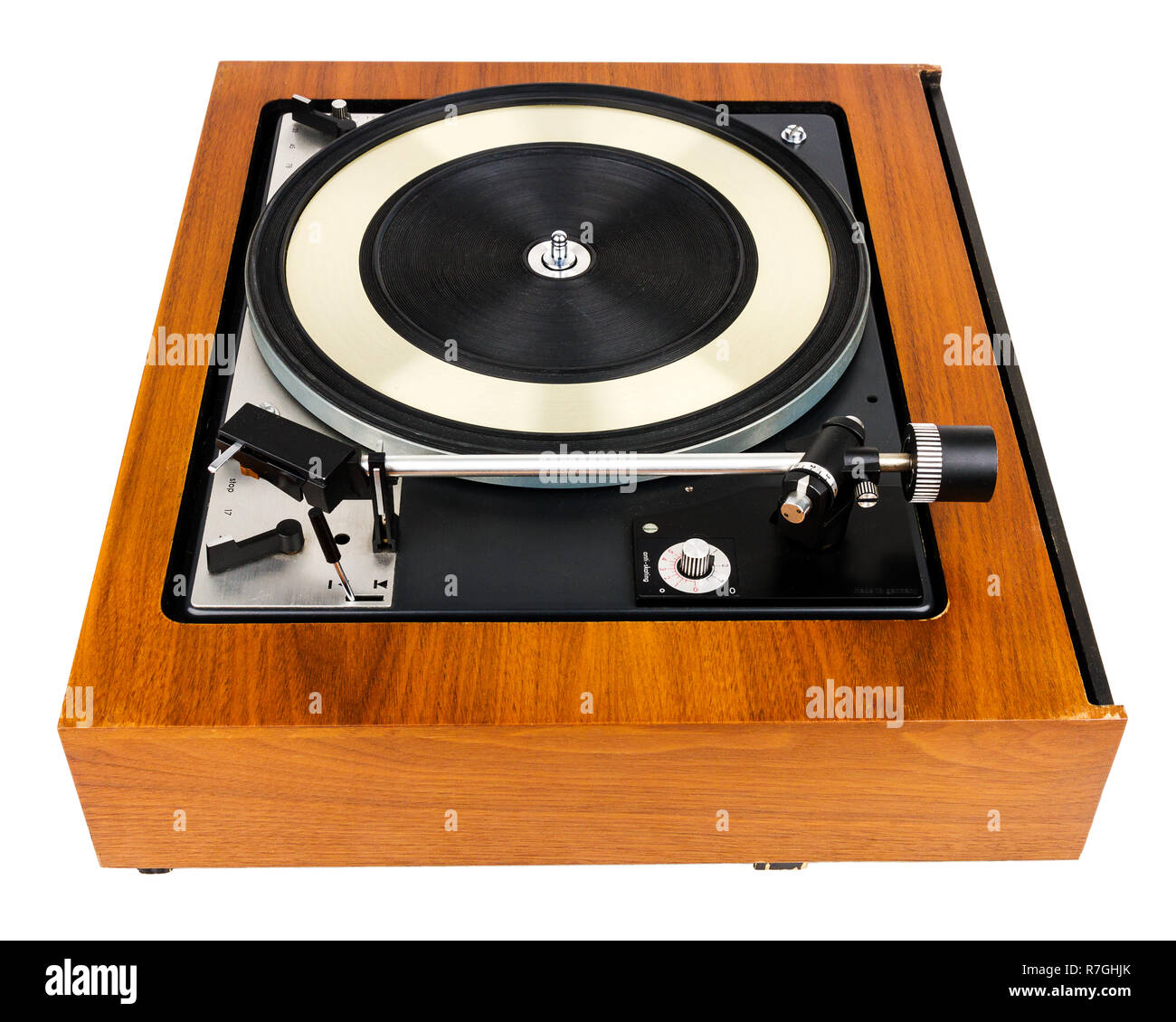 Side view of vintage turntable vinyl record player isolated on white ...