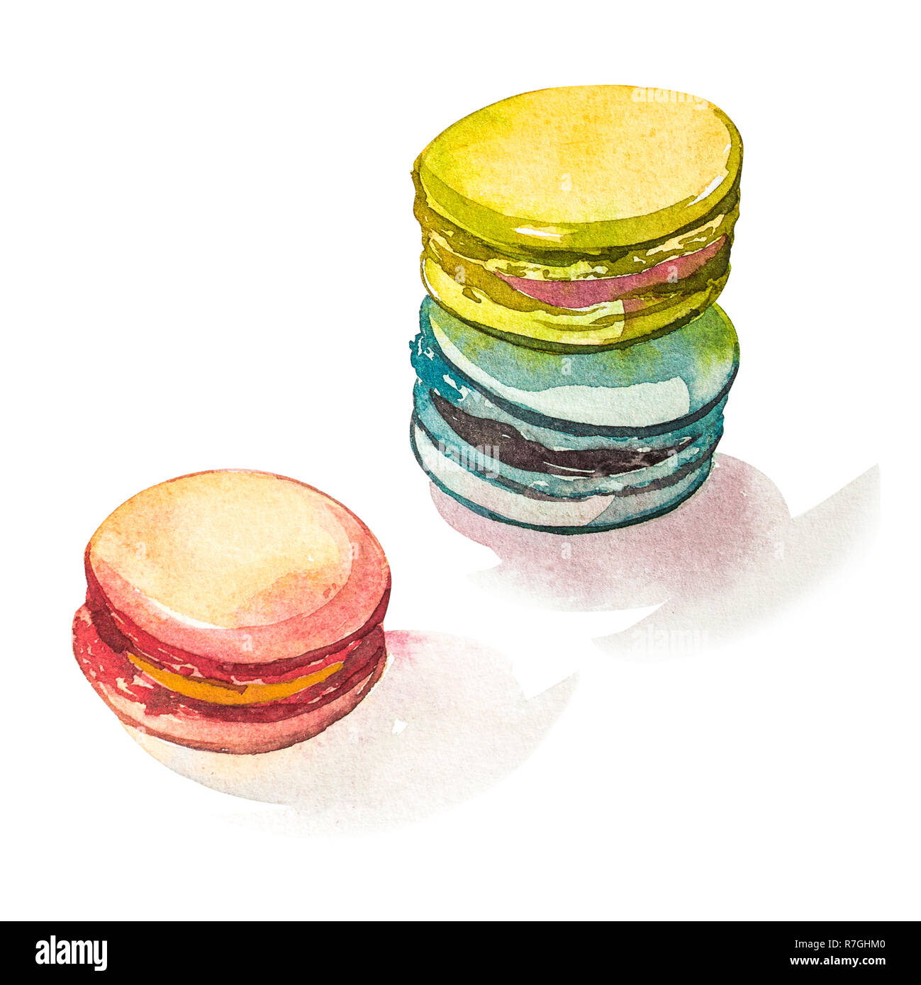Watercolor illustration of hand painted colorful macarons Stock Photo ...
