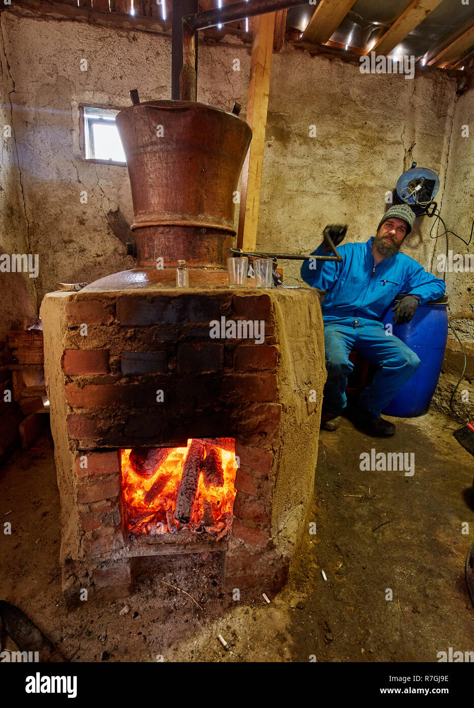 Man preparing plum brandy through boiling and condensation of fruits ...