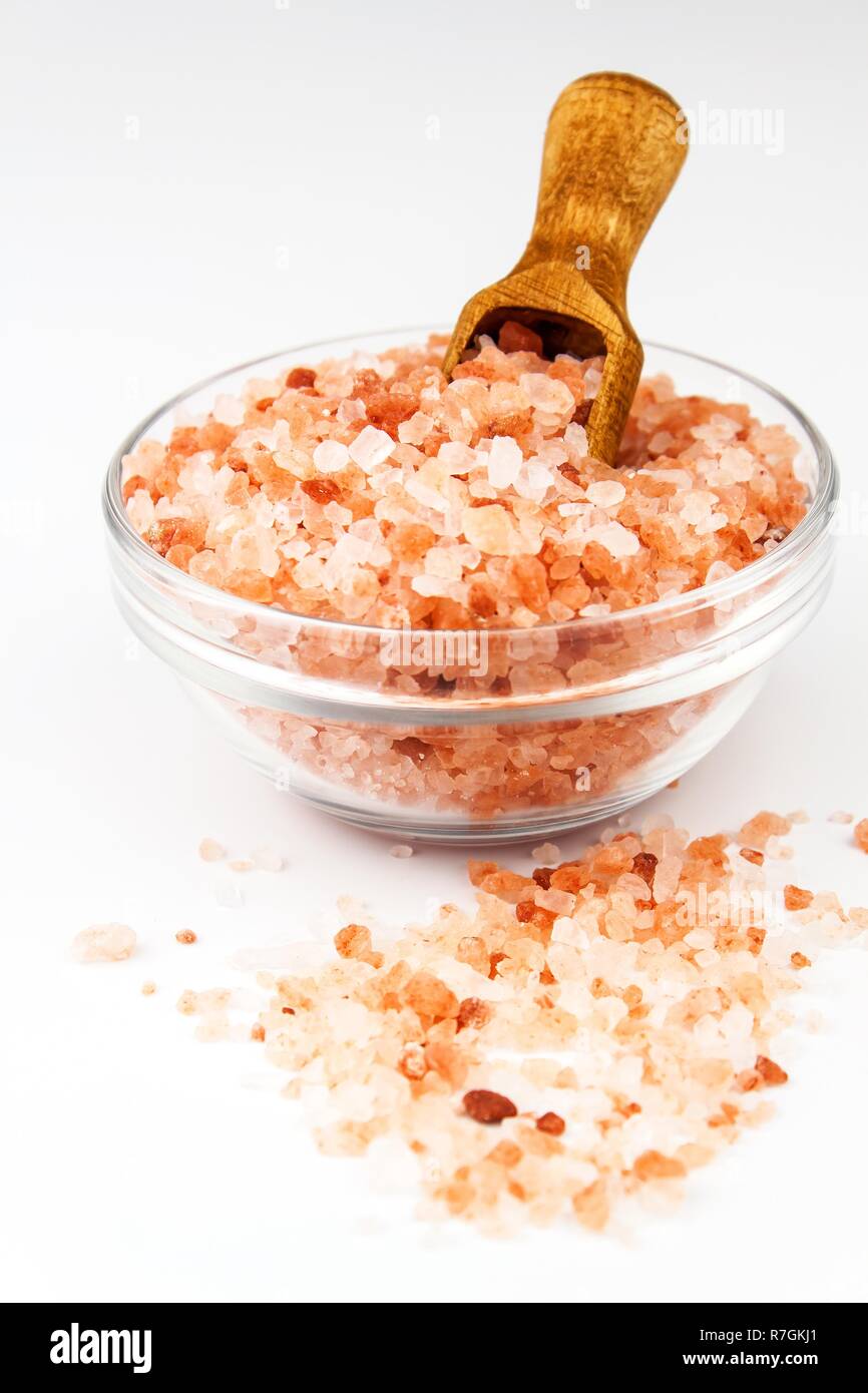 Pink salt from the Himalayas on white background. Pile of pink ...