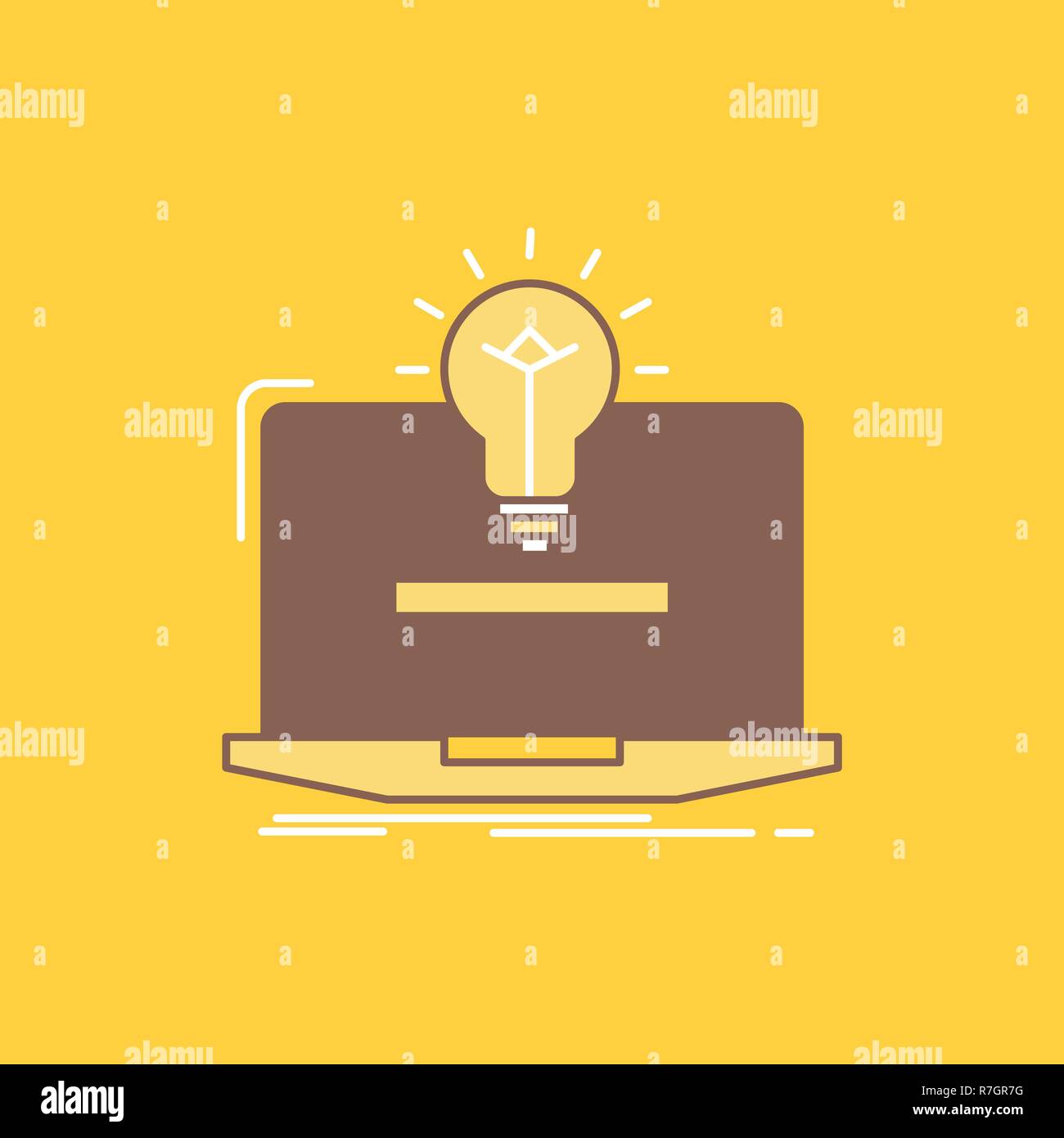 laptop, solution, idea, bulb, solution Flat Line Filled Icon. Beautiful Logo button over yellow ...