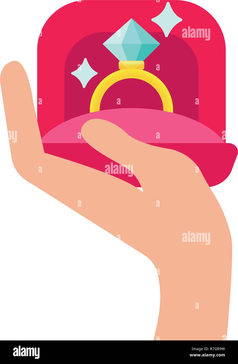 Human hand holding a gift box with engagement ring inside on white ...