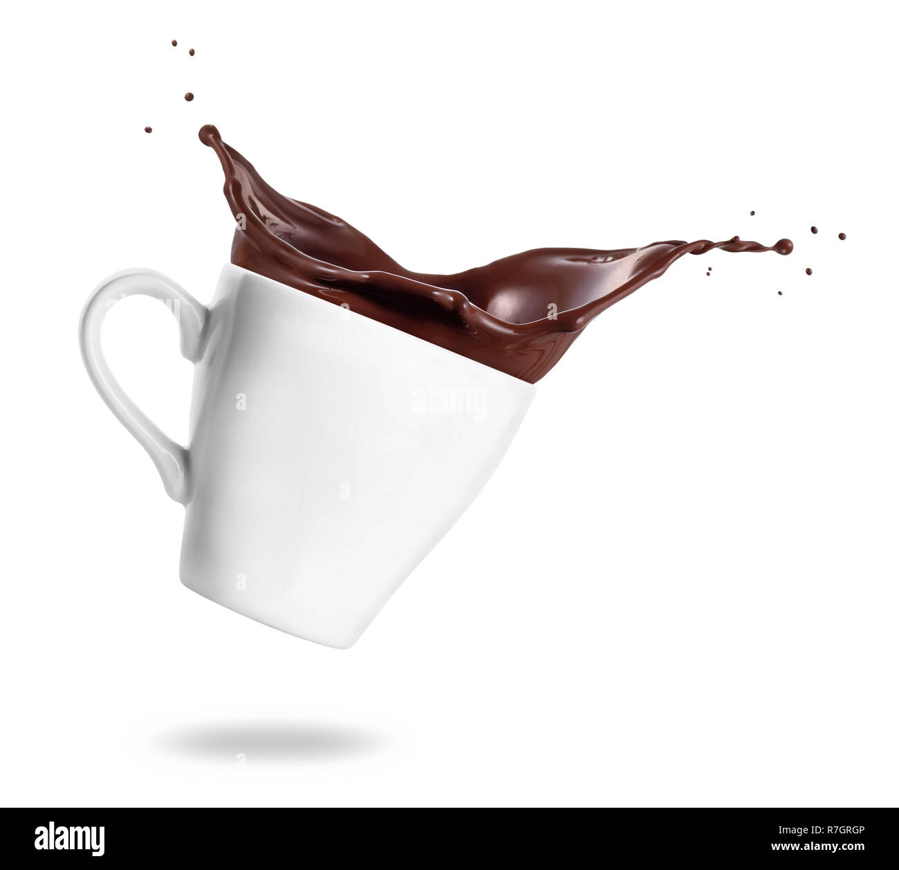hot chocolate or cocoa in falling cup with splash isolated on white ...