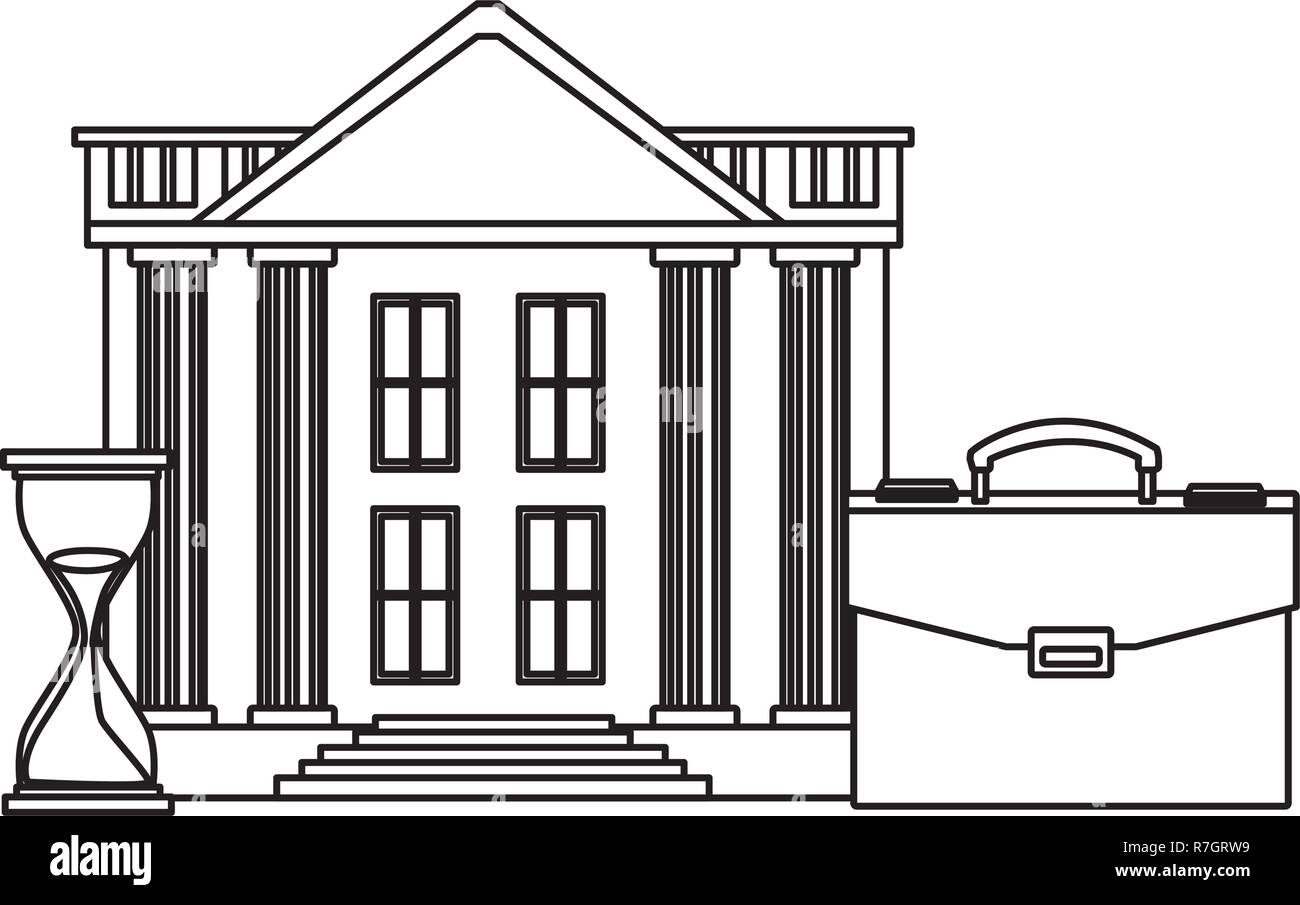 Bank building with briefcase and hourglass black and white Stock Vector ...