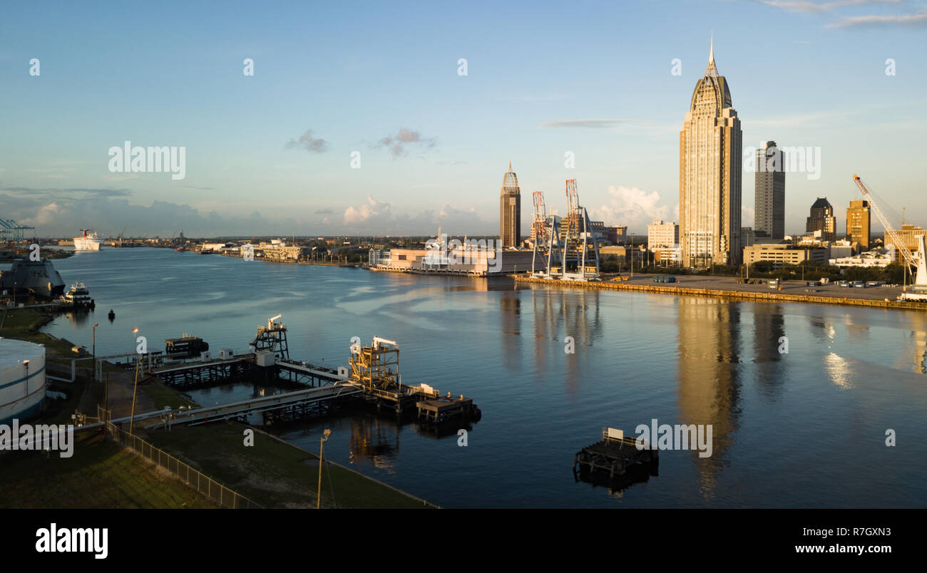 Beautiful blue skies over the downtown city center in an aerial view of ...